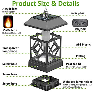 Solar Post Deck Flame Light,Outdoor Dual-Floor Waterproof Solar Post Cap LED Light,4x4 5x5 6x6 3.5X3.5 Fence Post Top Outside Flickering Light Dusk to Dawn for Garden