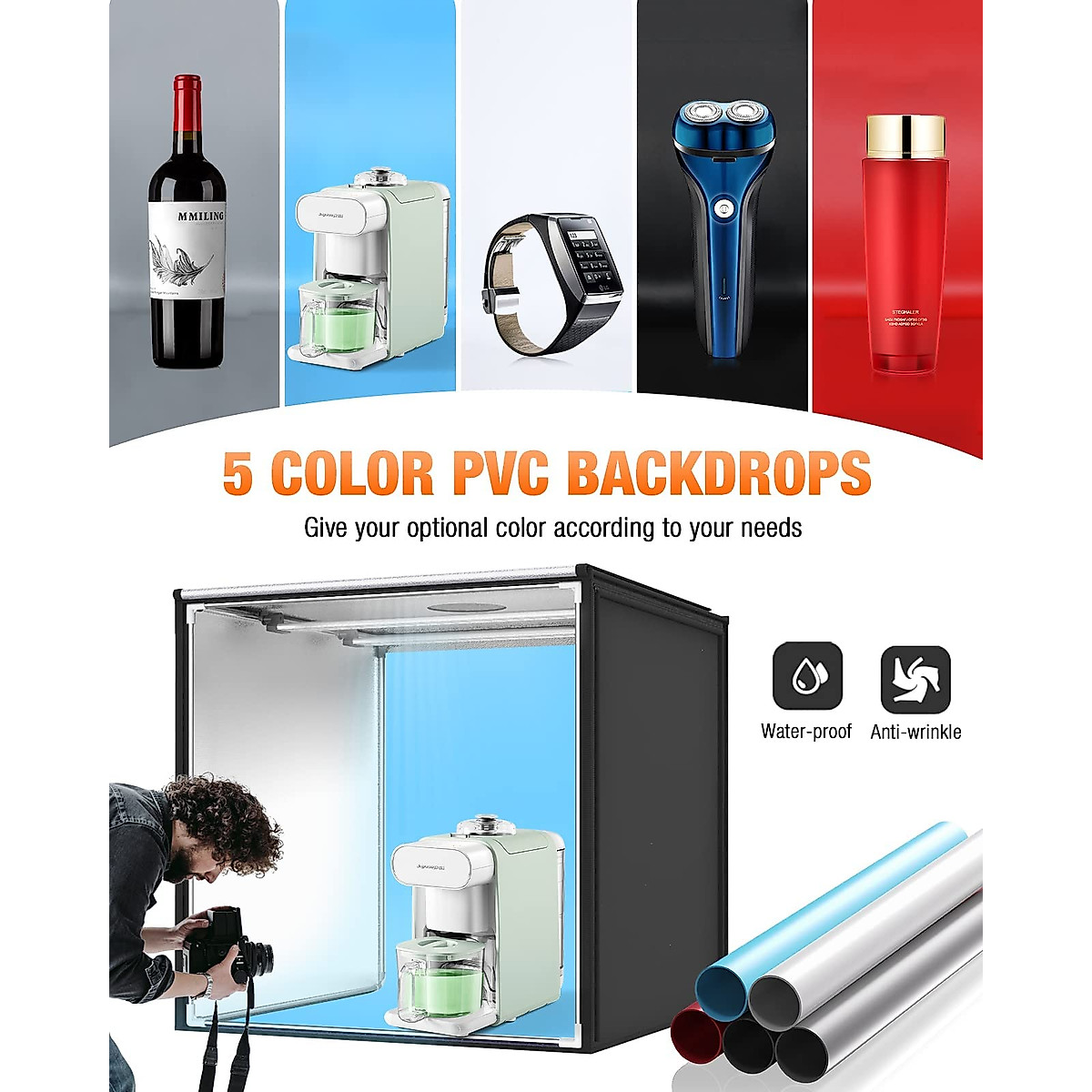 FOSITAN Bi-Color Dimmable Photo Light Box Kit, 32x32 inch/80x80 cm Photo Studio Photography Photo Box Kit 2 Led Light Bars 252 LED Light Beads Tabletop Professional Shooting Tent with 5 Backdrops