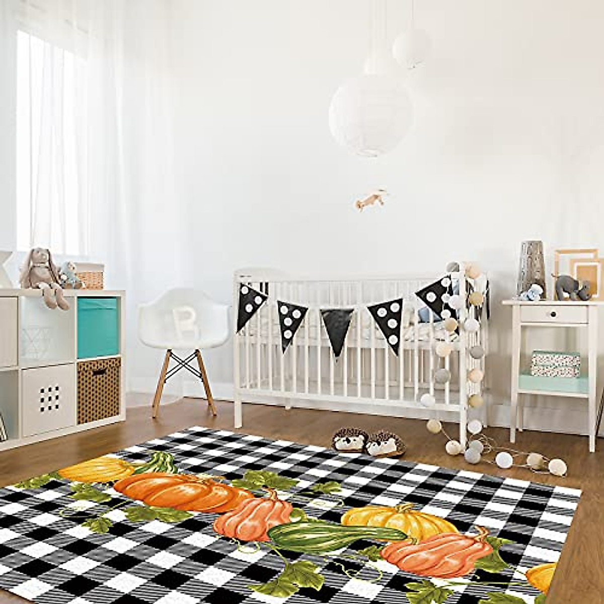 Indoor Area Rugs Thanksgiving Pumpkin Fall Harvest Non-Slip Floor Mats Black White Check Rectangular Carpet Soft Washable Rugs for Living Room/Bedroom/Hallway Home Decor - 2.7x5 Feet