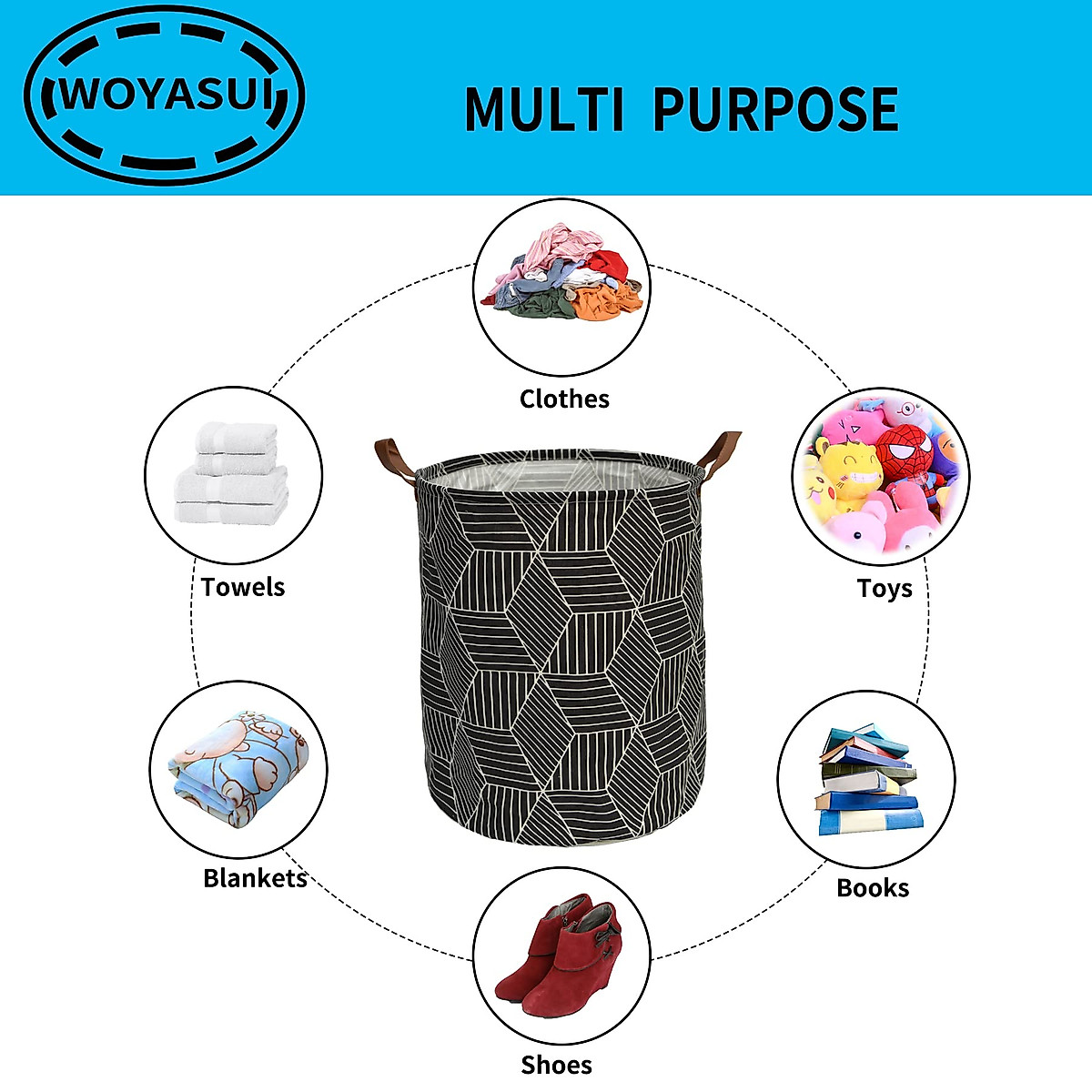 Collapsible Round Storage Bin - WOYASUI Large Laundry Hamper Waterproof Organizer with Handles/Home Decor/Toy Books Holder Clothes Nursery Basket（2 PACKS,Black Geometric & Lucky Clouds）