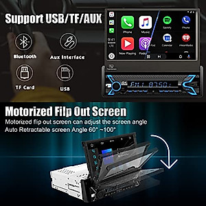 SEMAITU Single Din Car Stereo with 7 Inch Motorized Flip Out IPS HD Touchscreen, Compatible with Apple Carplay & Android Auto, Wide Angle Rear Camera, Support DSP Bluetooth AUX USB SD TF AM/FM Radio