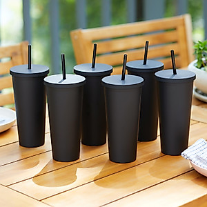 Zephyr Canyon 24oz Matte Black Tumblers with Lids and Straws - Pastel Double Wall Tumbler - Insulated Acrylic Cups for Hot & Cold Drinks, Spill-Proof Reusable Iced Coffee Cup, Set of 6