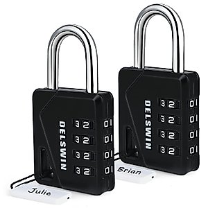 DELSWIN Combination Lock, 4 Digit Locker Lock Small Combo Lock with Name Tags for Gym School, Number Code Padlock for Outdoor Shed Fence (2Pcs)