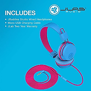 JLab JBuddies Studio On-Ear Kids Wired Headphones | Toddler Headphones | Kid Safe | Studio Volume Safe | Volume Limiter | Folding | Adjustable | Noise Isolation | with Mic (Cotton Candy)