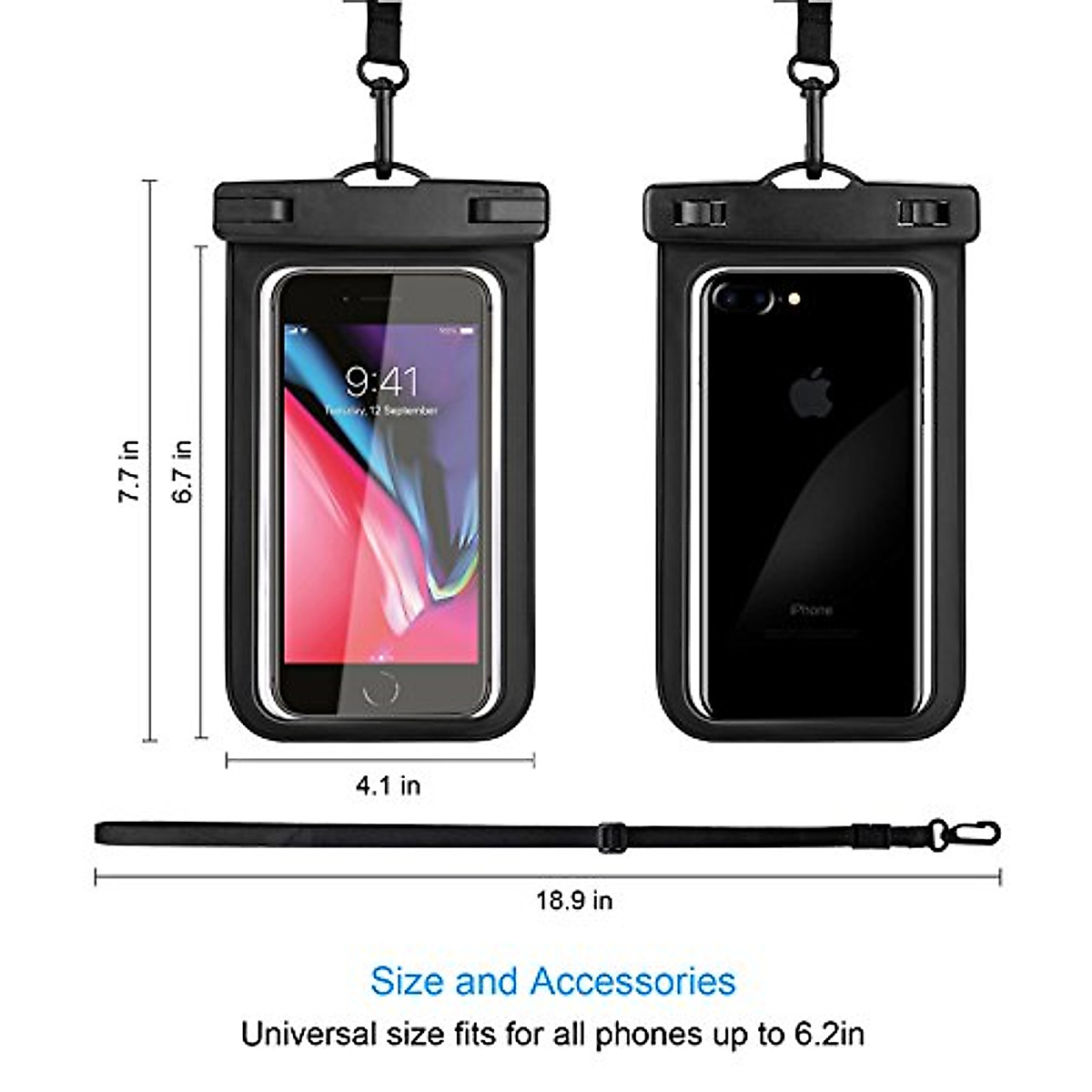 Cloudio Universal Waterproof Case, IPX8 Cell Phone Dry Bag Pouch up to 6.2" for iPhone X/8/8+/7/7+/6/6s/6s Plus, Samsung Galaxy S9/S9+/S8/S8+/ Note 8, LG Moto ZTE HTC Alcatel Google Sony BLU - Black