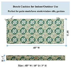 FUNHOME Outdoor Bench Cushion Water-Repellent, 48 x 18 Inch Bench Cushions for Outdoor Furniture, Settee Cushions with Handle and Straps, Patio Couch Cushion 1 Pack, Green Medal
