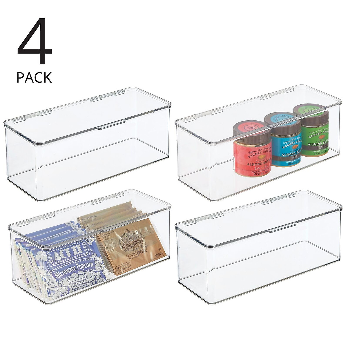 mDesign Plastic Kitchen Pantry and Fridge Storage Organizer Box Containers with Hinged Lid for Shelves or Cabinets, Holds Food, Snacks, Canned Drinks, Seasoning, Condiments, or Utensils, 4 Pack, Clear