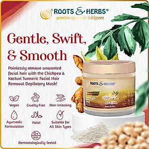 Chickpea & Kasturi Turmeric Facial Hair Removal Powder - For Men & Women, Chin, Jawline & Upper Lips - Depilatory Mask with Ayurvedic Herbs - Roots & Herbs, 2.11oz