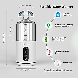 IXTECH Portable Water Warmer for Baby Formula, Milk Warmer for Travel, 10 oz,Electric Warming with Adjustable Temperature Control, Leak-Resistant Spout, Rechargeable and Wireless