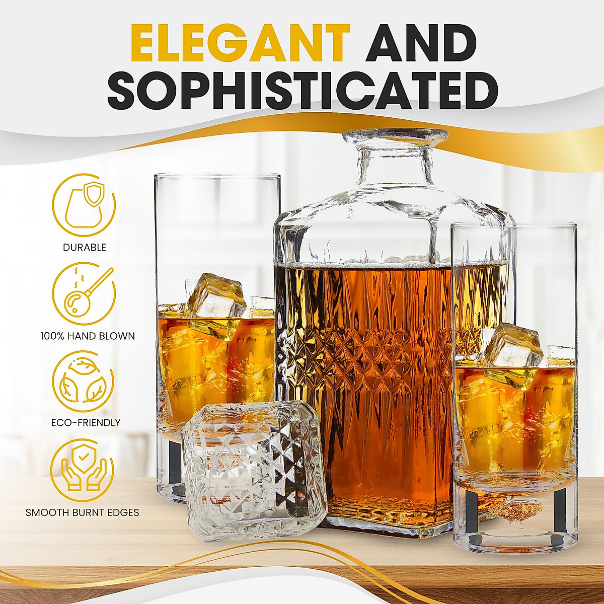 BERKWARE Luxurious Highball Glasses - Elegant Cocktail Glasses & Tom Collins Glasses with Gold Flake Design, 8.5oz (Set of 6)