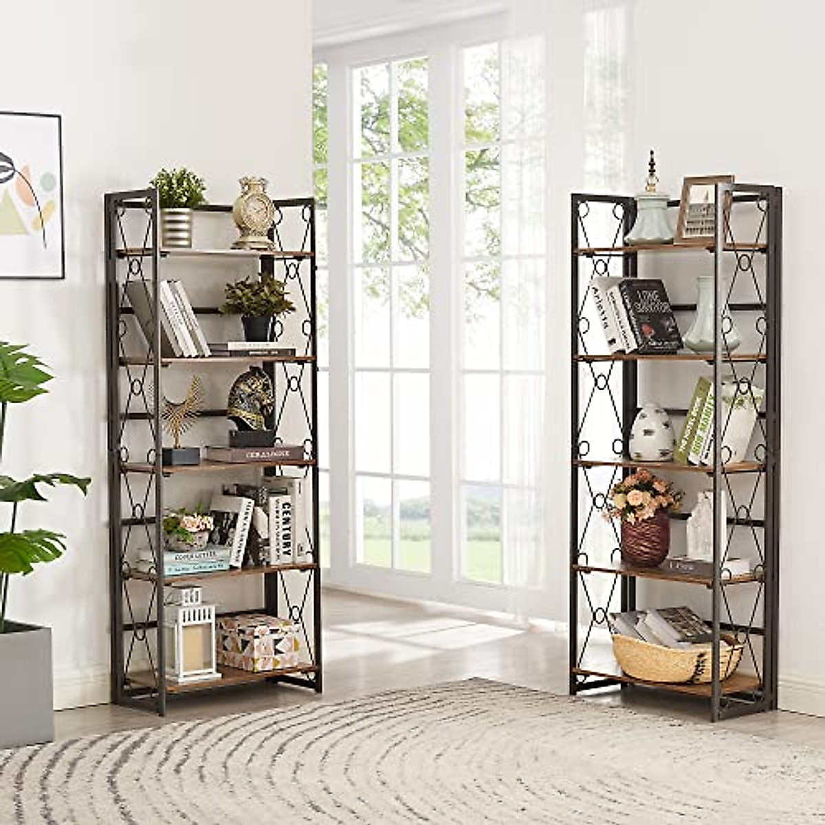 VECELO 5 Tier Folding Bookshelf, 2-Step Assembly Foldable Bookcase, Collapsible Book Shelves with Metal Lace X Frame and Anti-Toppling Design,Antique Brown,Set of 2
