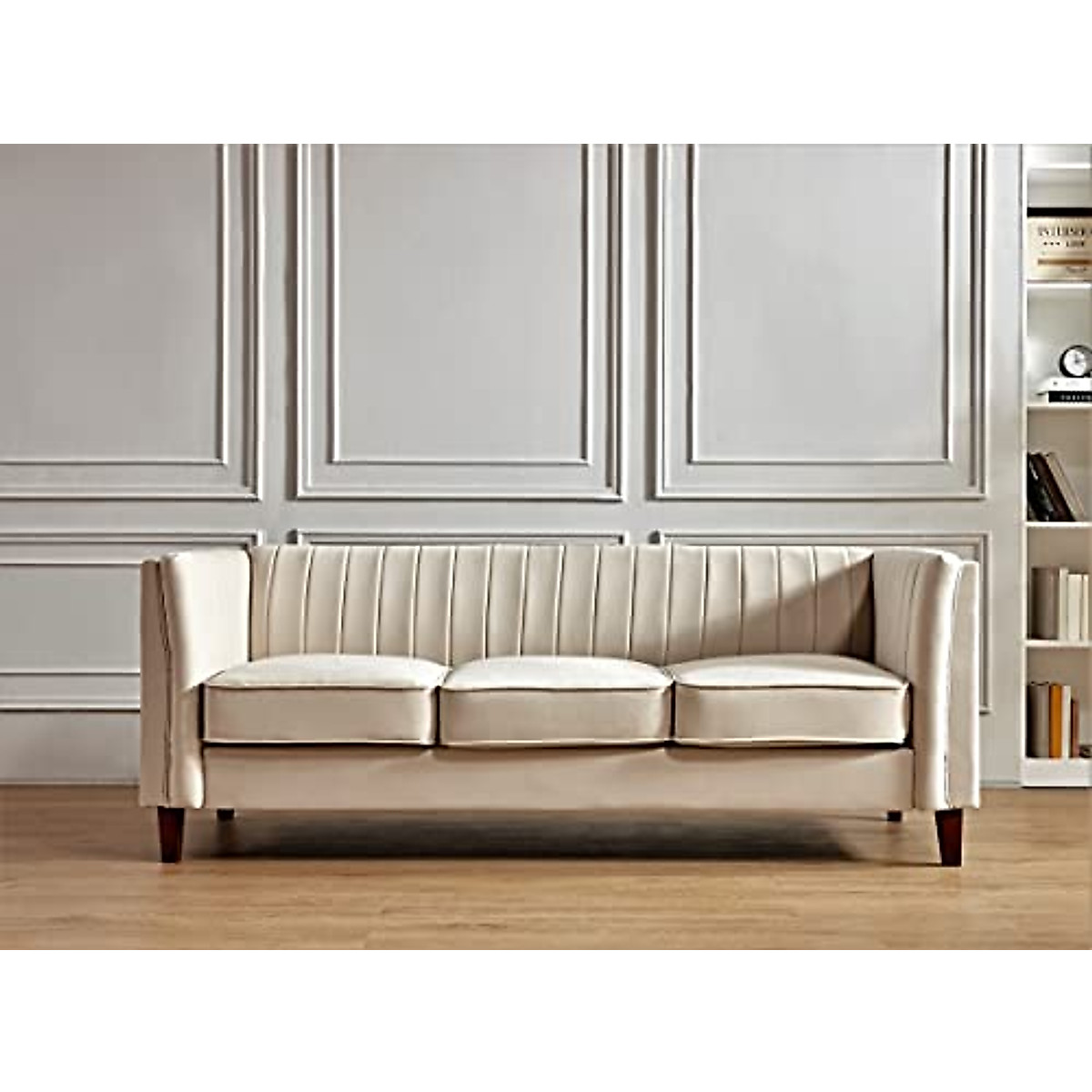 Container Furniture Direct Modern Luxury Velvet Couch for Living Room with High Density Foam, Soft Fabric Upholstery, Removable Cushions and Solid Wood Legs, 83'' Wide 3 Seater Sofa, Beige