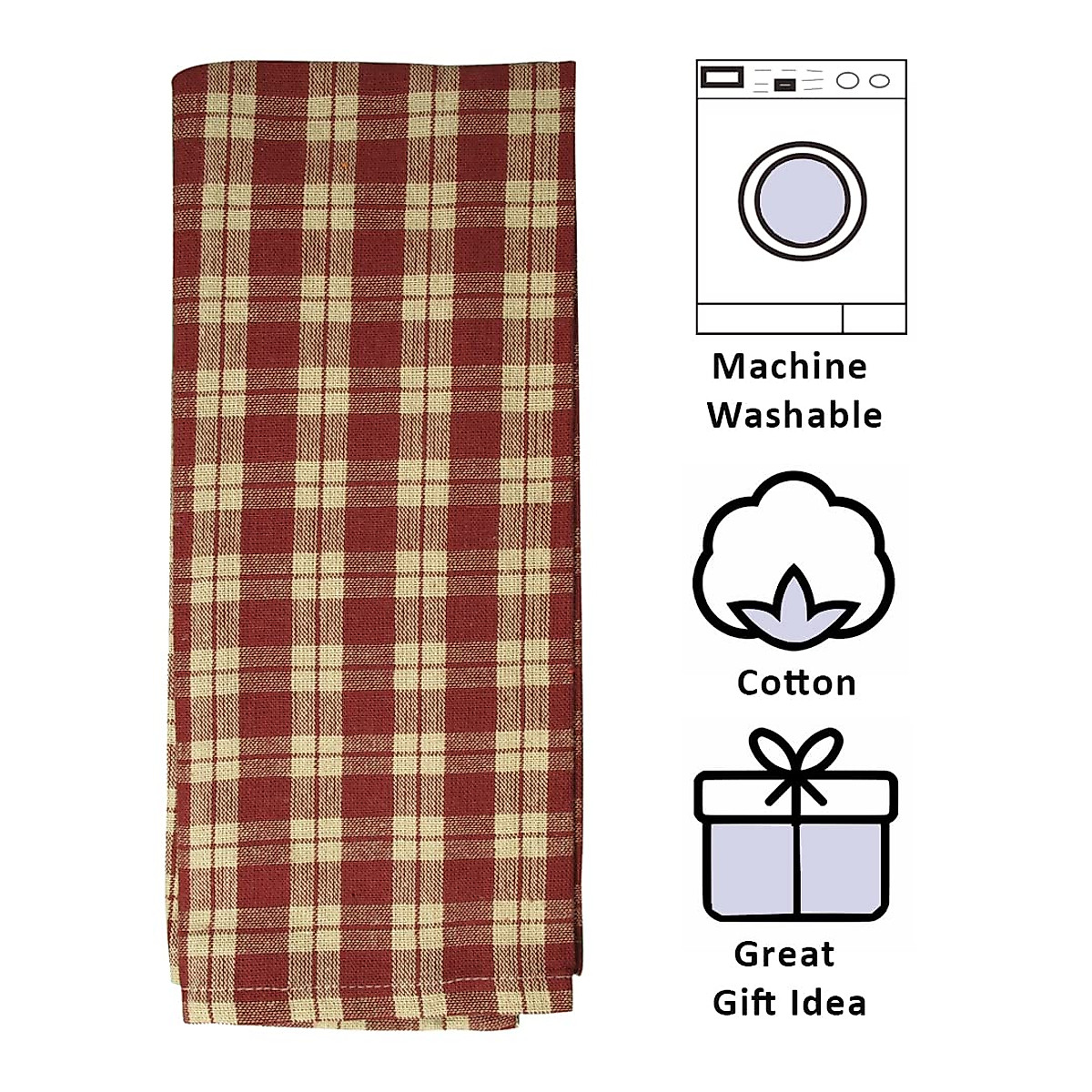 fillURbasket Burgundy Farmhouse Kitchen Towels Set of 3 Striped Buffalo Checked Plaid Dish Towels Red and Tan Towels for Decor Dishing Drying Cotton 15”x25”