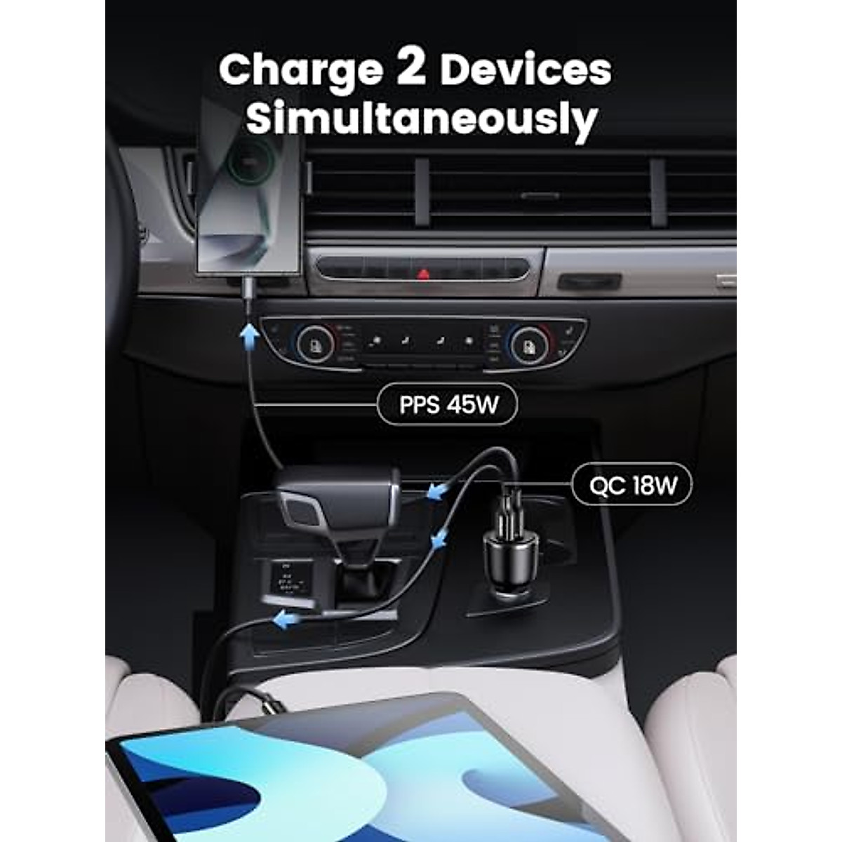 UGREEN 63W USB C Car Charger Adapter, PPS 45W Super Fast Charging 2.0 Type C Car Charger Cargador para Carro, Dual USB Car Charger for iPhone 15/14/13/12, Galaxy S24/S23/S22/Series, iPad, MacBook