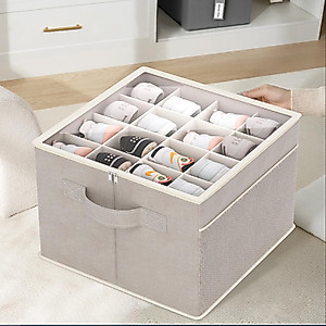 artgeeker Shoe Organizer for Closet- Fits 16 Pairs, Large Foldable Shoe Storage with Clear Cover, Beige Adjustable Dividers Shoe Containers with Mesh Pockets and Pull Handles - Beige