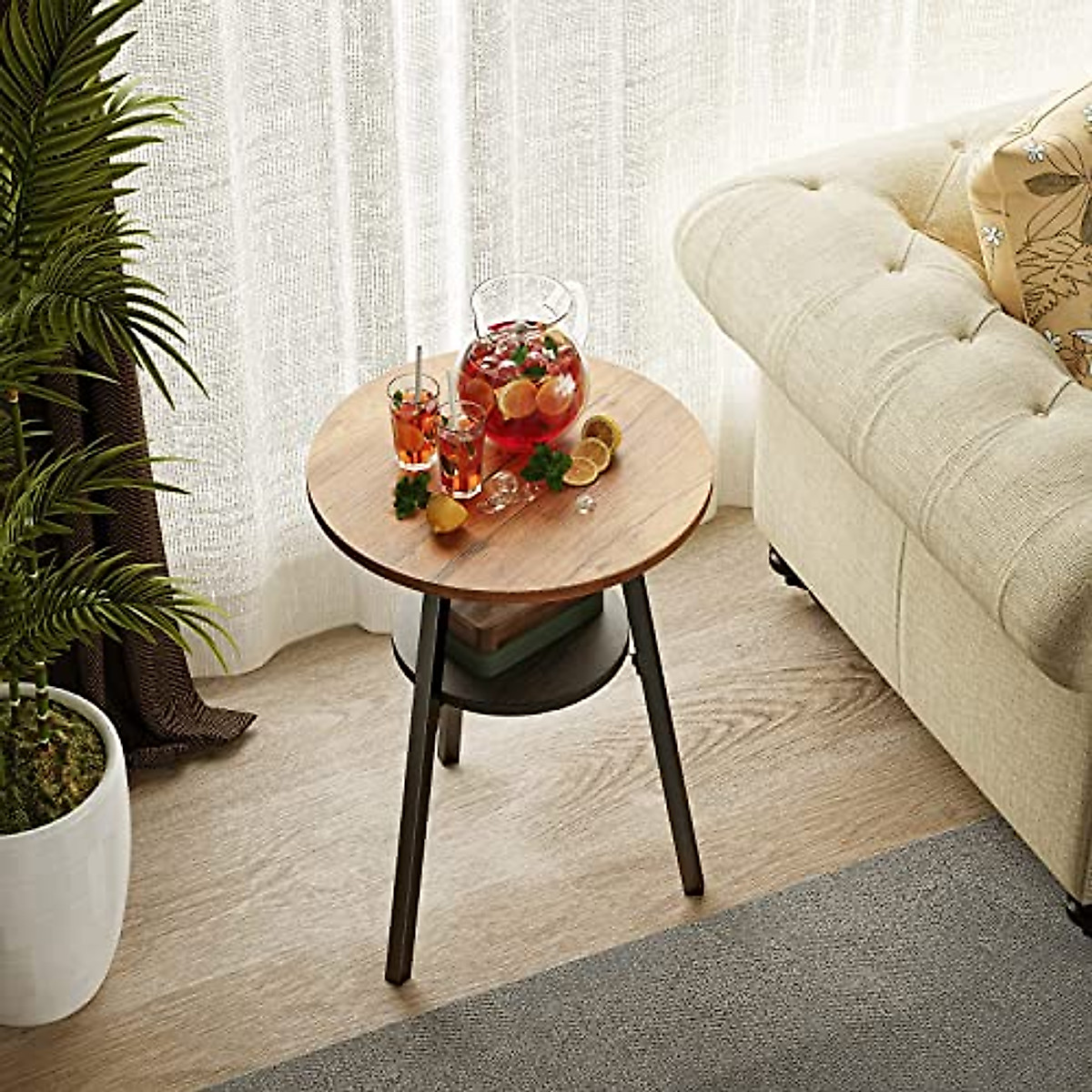 CubiCubi Round End Table, Side Table with Wooden Shelves, 2-Tier Rustic Vintage Table for Living Room Bedroom, Metal Frames and Wooden Boards, Fir Brown