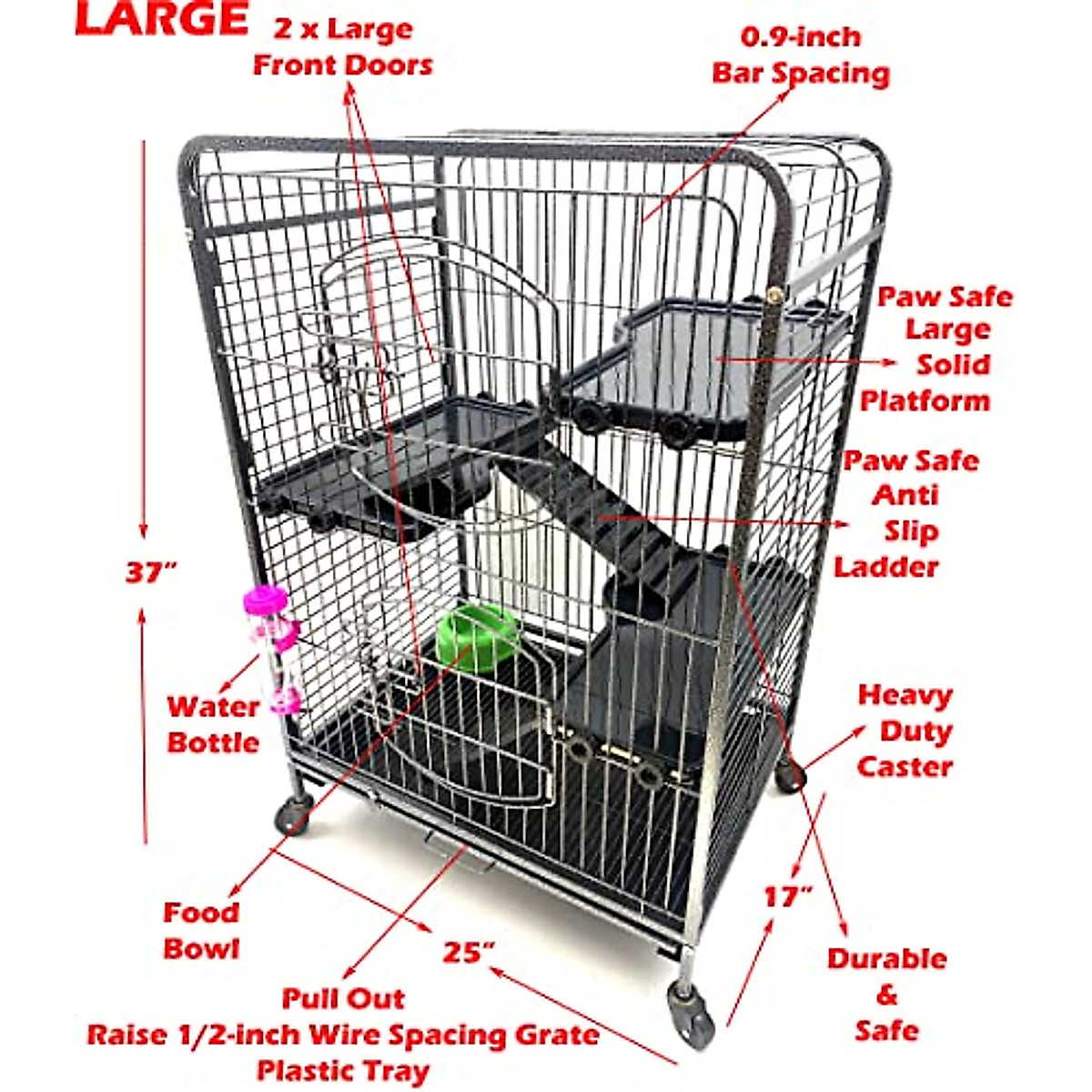 Large 37-inch 4-Levels Metal Ferret Guinea Pig Cage 2 Large Front Doors Small Animal Hutch for Squirrel Rabbit Chinchilla Large Size Rat Hedgehog Cat Indoor Outdoor Use