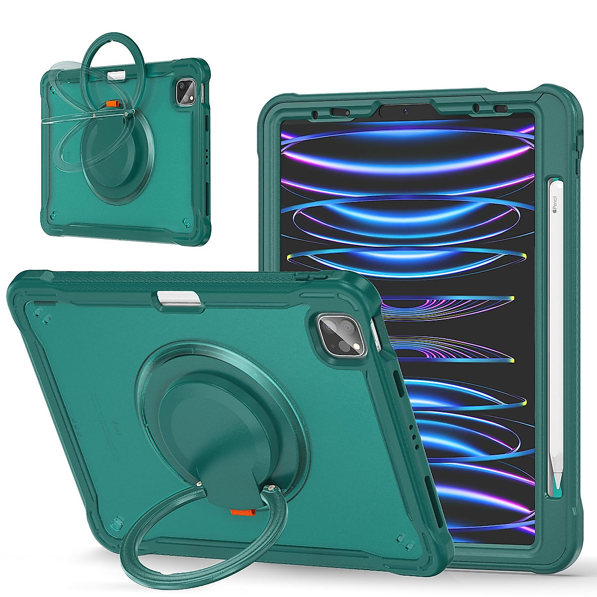 SLLMYYX Case for iPad Pro 11 inch 2022/2021/2020/iPad Air 5th/4th, 360 Rotating Hand Grip Kickstand Heavy Duty Protective Cover with Shoulder Strap (Midnight Green)