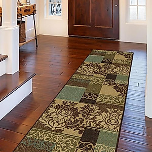 Machine Washable Damask Design Non-Slip Rubberback 3x10 Traditional Runner Rug for Hallway, Kitchen, Bedroom, Living Room, 2'7" x 9'10", Brown/Green