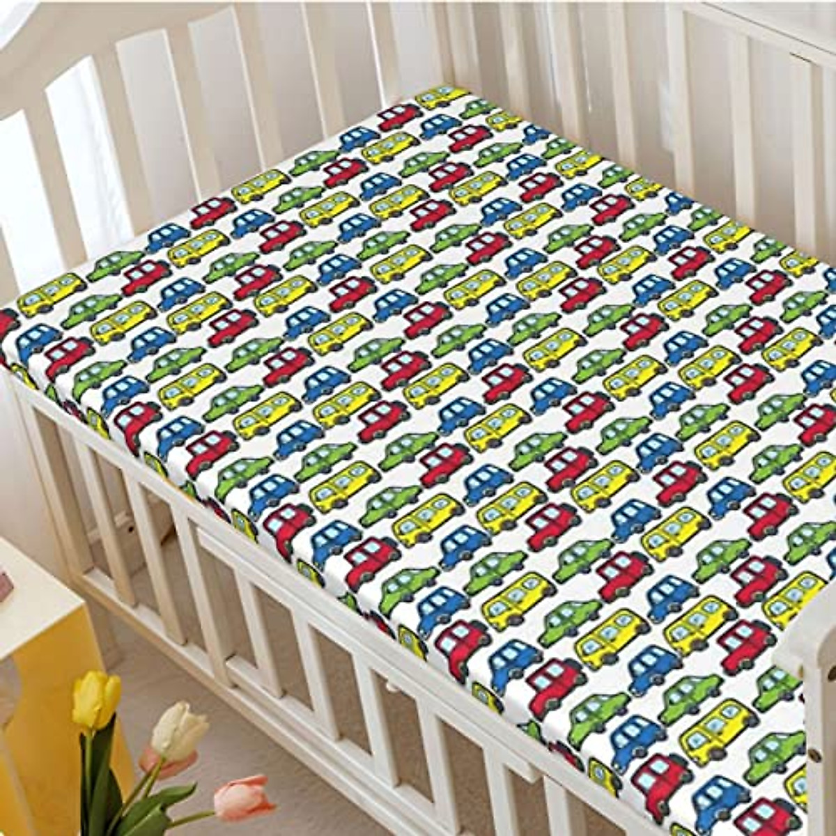 Car Themed Fitted Crib Sheet,Standard Crib Mattress Fitted Sheet Ultra Soft Material-Crib Mattress Sheet or Toddler Bed Sheet, 28“ x52“,Multicolor