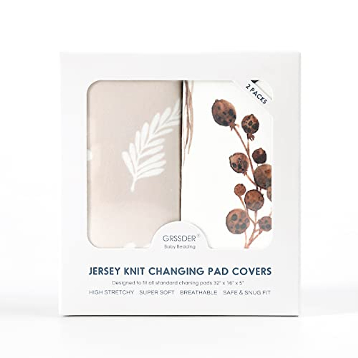 GRSSDER Stretch Ultra Soft Jersey Knit Changing Pad Cover Set 2 Pack, Change Table Pad Covers Fit 32"/34" x 16" Pads Safe and Snug, Stylish Pretty Flora for Baby, Beige