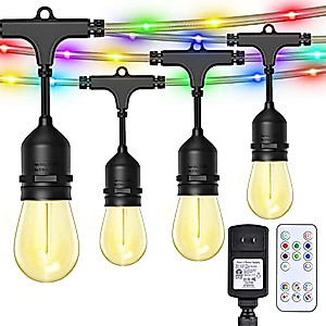 Docusvect Outdoor LED String Lights with RGB Fairy Lights, 48FT 15 Shatterproof Edison Bulbs + (2 Spare) Heavy-Duty Decorative IP65 Waterproof Connectable Hanging Patio Lights for Garden, Balcony
