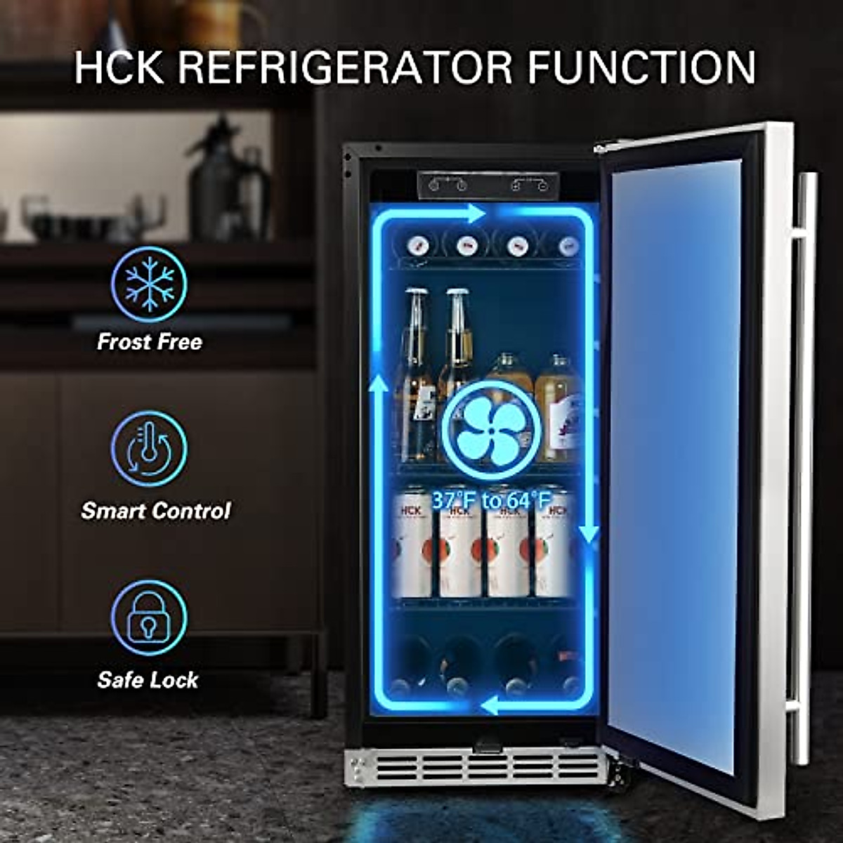 HCK Beverage Refrigerator 15 Inch, Under Counter Beverage Fridge with Stainless Steel Door, 3.18 cu.ft Built-in and Freestanding Outdoor Mini Fridge for Patio, Outdoor Kitchen, Soda and Beer