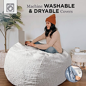 CordaRoy's Faux Fur Bean Bag Chair, Convertible Chair Folds from Bean Bag to Lounger, As Seen on Shark Tank, White - Queen Size