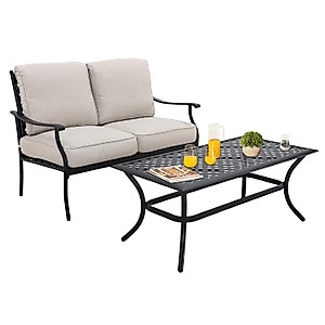 ARTLOFT Patio Loveseat with Coffee Table Outdoor Conversation Loveseat Porch Furniture Set Sofa for Balcony, Backyard, and Deck with Soft Cushions and Metal Table (White)