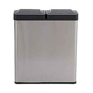 Design Trend Stainless Steel Dual Compartment Sensor Trash Can Recycler with Soft Close Lids | Two 30 Liter / 8 Gallon Bins, Silver