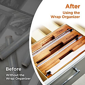 Foil and Plastic Wrap Organizer Acacia Wood 3 in 1 wrap Dispenser with Cutter Aluminum Foil Wax Paper Kitchen Drawer Organizer with Cutter