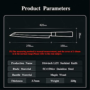 Waterboss,Japanese Yanagi Kiritsuke Sushi Sashimi Chef Knife Salmon Knife Slicer Razor Sharp Sashimi Watermelon Knives, 5Cr15mov Stainless Steel Sashimi Yanagiba Knife, Maple Handle, 10.6 inch (270mm)