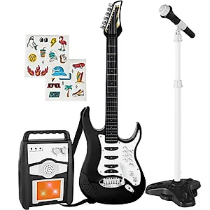 Best Choice Products Kids Electric Musical Guitar Play Set, Toy Guitar Starter Kit Bundle w/ 6 Demo Songs, Whammy Bar, Microphone, Amp, AUX, 2 Sticker Sheets - Black