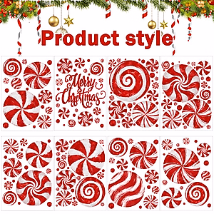 DULEFUN 8 Sheets Christmas Window Clings, Candy Window Decals Oil Painting Christmas Red Candy Stickers for Xmas Home Office School Decor Winter Glass Window Decoration