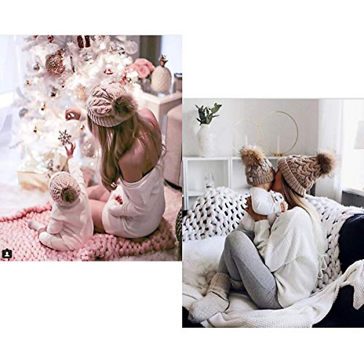 Parent-Child Beanie Hat, Mother and Baby Daughter/Son Winter Knitted Warm Hat, Winter Warm Double Pom Crochet Cap (2pcs-Pink)