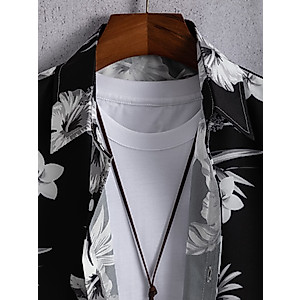 WDIRARA Men's Button Up Short Sleeve Cat Print Beachwear Striped Pocket Hawaiian Shirt Collar Top Shirts Floral Black White XXL