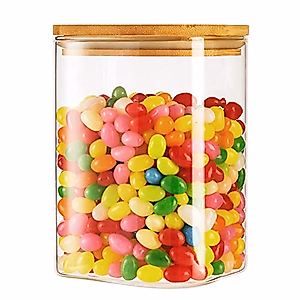 Diamond Star Airtight Glass Jar with Bamboo Wood Lid Kitchen Food Canisters Glass Storage Container for Pantry(Square(4" X 5.7"))
