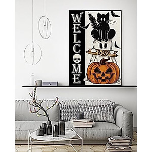 Welcome Halloween Diamond Painting Kits for Adults Beginners, Black Cat Ghost Boo Pumpkin 5D Diamond Art Kits, DIY Full Round Drill Gem Art, Fall Home Wall Decor 12 x 16 Inch