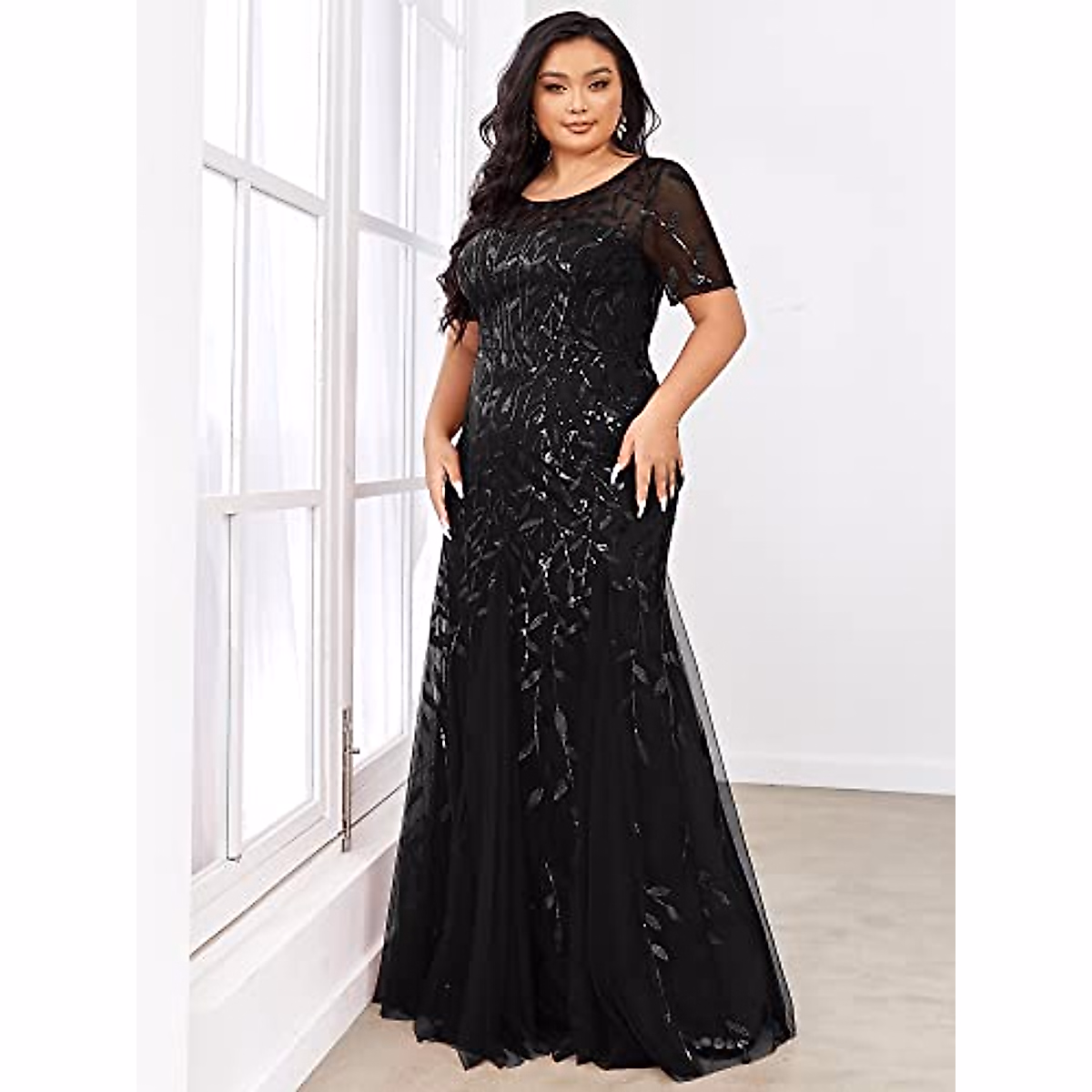 Ever-Pretty Women's Embroidered Prom Dress Long Formal Plus Size Dresses for Wedding Guest Black US22