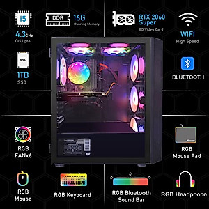STGAubron Gaming Desktop PC,Intel Core i5-10400F up to 4.3G,GeForce RTX 2060 Super 8G GDDR6,16G DDR4,1T SSD,WiFi,BT 5.0,RGB Fan x6,RGB Keybaord&Mouse&MS Pad,RGB BT Sound Bar,RGB BT Gaming Mic,W11H64