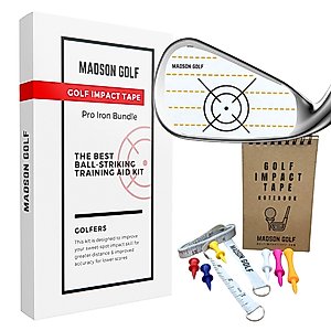 Madson Golf Club Impact Tape Labels, Swing Trainer Bundle with Training Aids Face Stickers, Variable Height Tees, Setup Measuring Tape and Practice Journal (Right-Hand Golfer)