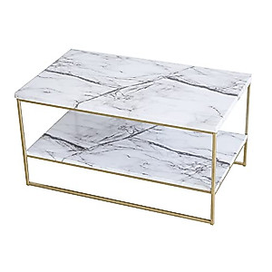 roomfitters 35” Faux Marble Coffee Table, Marble Top Rectangular Coffee Table, Center Table with Gold Metal Frame, 2 Tier Living Room Table, Cocktail Table with Storage for Living Room