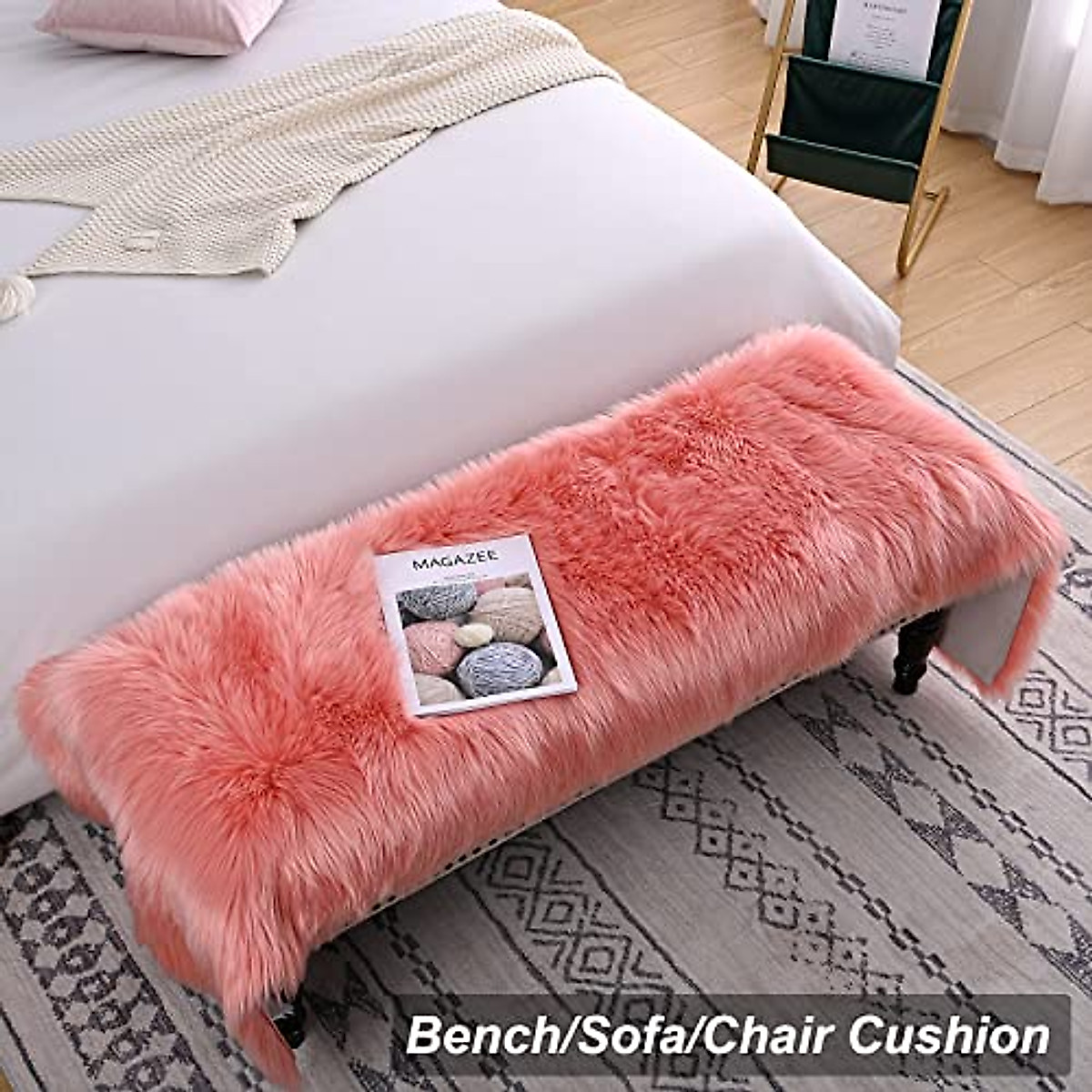 Rtizon 2 PCS Faux Fur Washable Rug, 2 x 5.9 Feet and 2 x 4 Feet Coral Fluffy Sheepskin Rug for Girls Bedroom Livingroom Floor Cushion Home Decor Bedside Carpet, Furry Chair Cover Seat Pad Mat