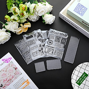 Yinder 7 Pcs Vintage Rubber Clear Stamps Set 4 Sheet Transparent Postage Silicone Stamps 3 Pcs Acrylic Stamp Block Tools with Grid Lines Rubber Craft Supplies for DIY Scrapbooking Journaling
