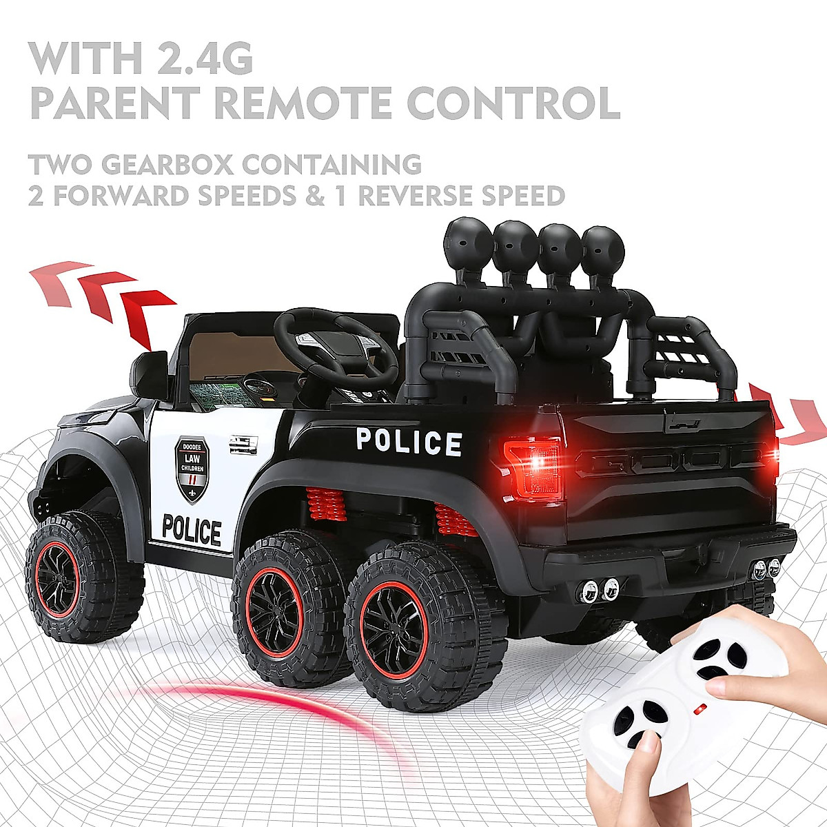 JOYLDIAS Kids Ride On Police Car, 12V Battery Powered Electric Cars W/2.4G Remote Control, 6 Wheels, Real Tailgate, Spring Suspension, LED Flashing Lights, Megaphone Siren Music & Horn Intercom