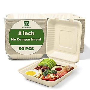 Pony Packaging 8X8 50-Pack 100% Compostable Clamshell Take Out Food Containers, Heavy-Duty Quality to go Containers, Natural Disposable Bagasse, Eco-Friendly Biodegradable Made of Sugar Cane Fibers