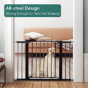 BABELIO 26-43 Inch Easy Install Extra Wide Pressure Mounted Metal Baby Gate, No Drilling, No Tools Required, with Wall Protectors and Extenders (Black)