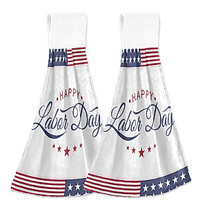 Happy Labor Day Kitchen Hanging Towel 12 x 17 Inch USA Stars Flag Bath Hand Tie Towels Set 2 Pcs Tea Bar Dish Cloths Dry Towel Soft Absorbent Thin Durable for Bathroom Laundry Room Decor