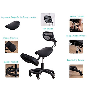 Ergonomic Kneeling Chair with Back Support, Wheels, Adjustable Saddle Chair for Home and Office with Angled Seat for Better Posture, Black