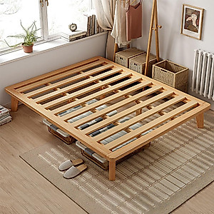 NELYE Queen Platform Bed Base - 14 Inch Solid Wood Mattress Foundation with Support Slats and Legs, Queen-Size Rubberwood Simple Bed Frame